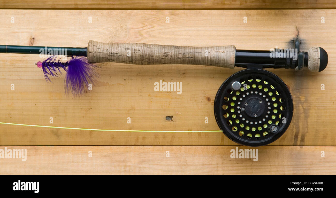 USA, Alaska, Lake Clark National Park. Fishing rod handle and reel with ...
