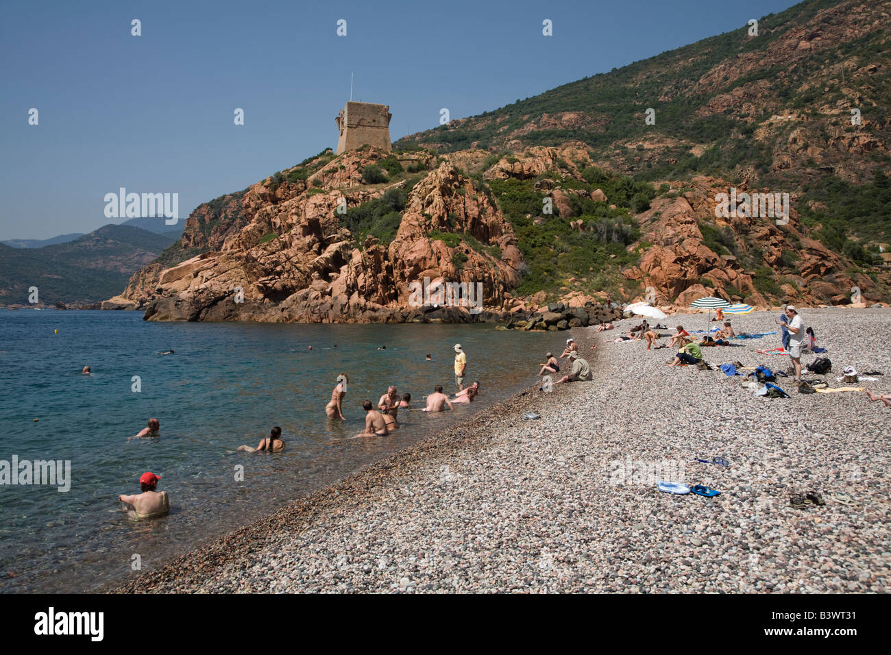 Beach below the Genoese Tower at Porto on the west coast Corse du Sud ...