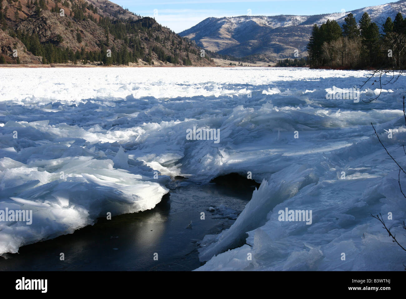 Panoramic view of a frozen river, Flathead River, Montana, USA Stock ...