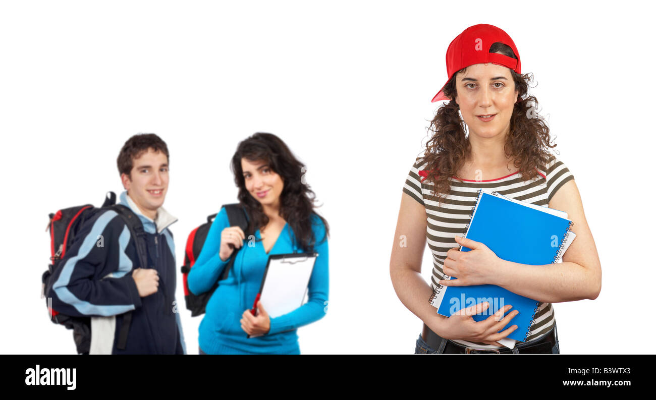 Three students with books and backpacks over a white background Focus ...