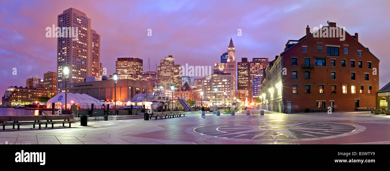 Boston city skyline at night taken from Long Wharf looking back towards ...