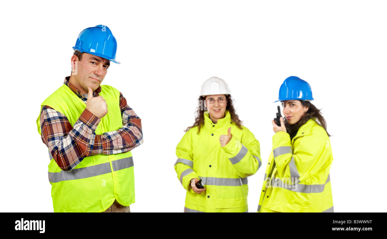 Three construction workers over a white background Focus at front Stock ...