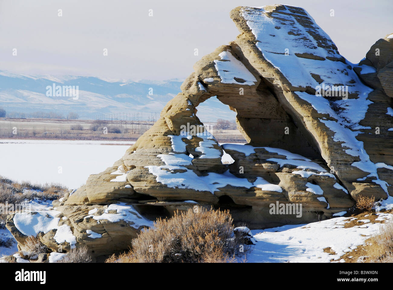 Rocks covered with snow, Pilot Butte, Wyoming, USA Stock Photo - Alamy
