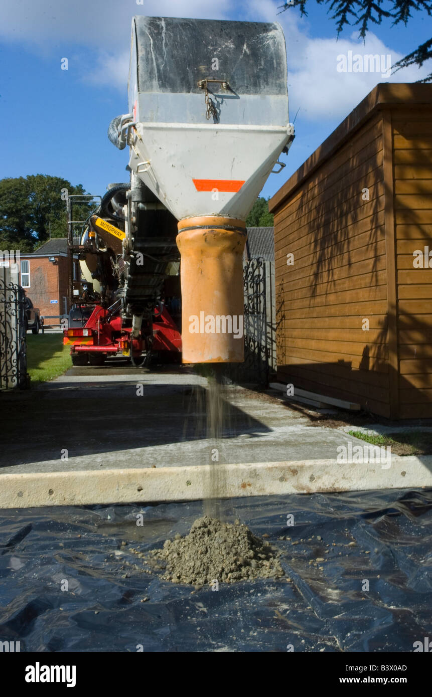 A cement concrete mixer pours concrete into the raft screed Stock Photo ...