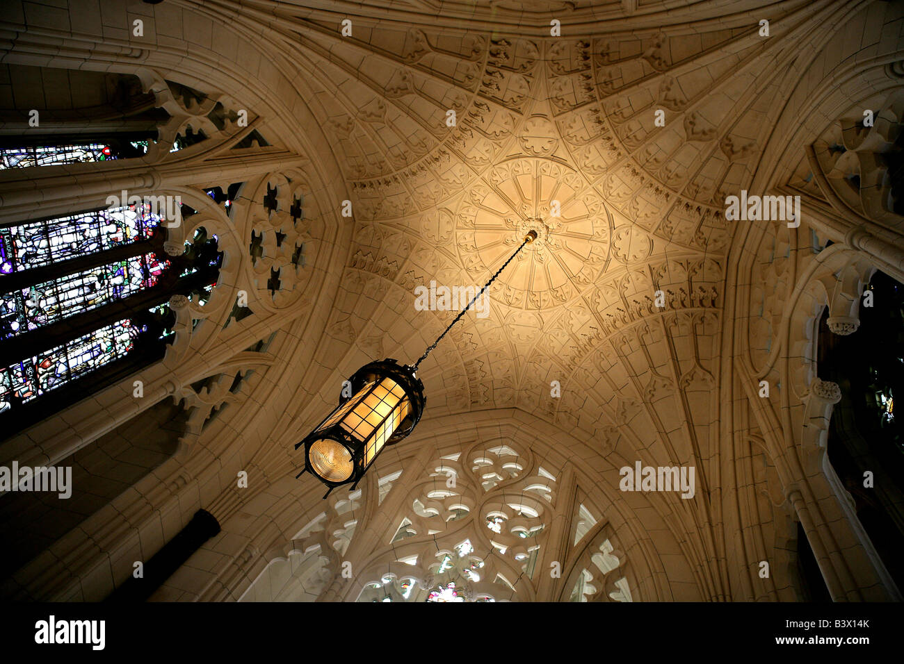 Chandelier, stone ceiling, stained glass windows, architectural, grand ...