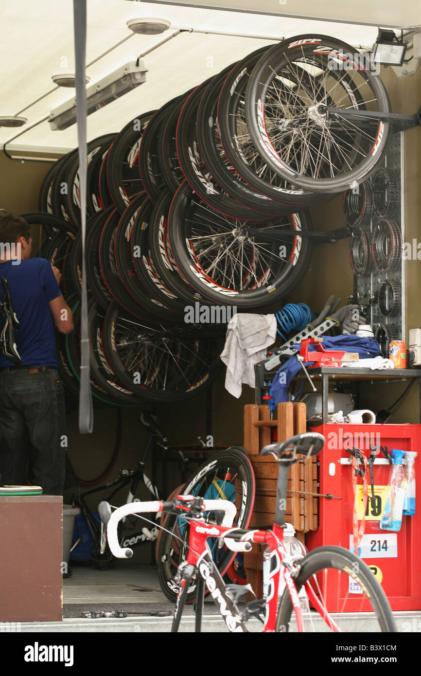 Bicycle gear hanging in the back of support vehicle,EU Stock Photo - Alamy