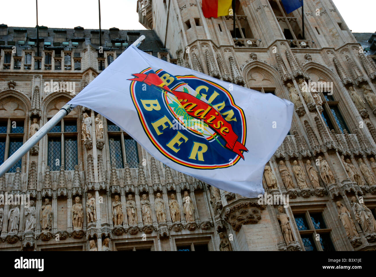 The flag of Belgian Beer Festival over Grand Place in Brussels Belgium ...