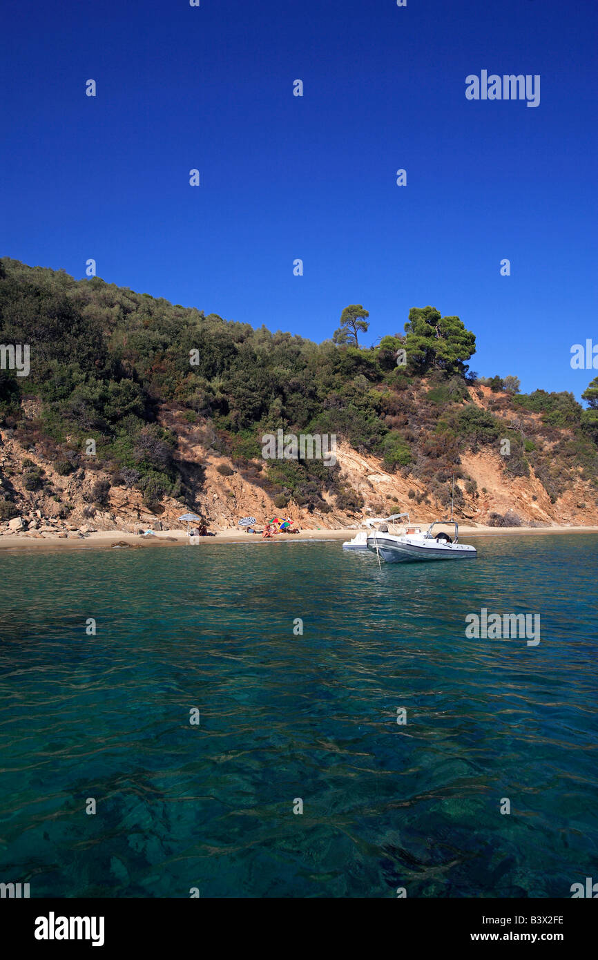 GREECE SPORADES SKIATHOS VIEW OF A SANDY BEACH WITH INFLATABLE RUBBER ...