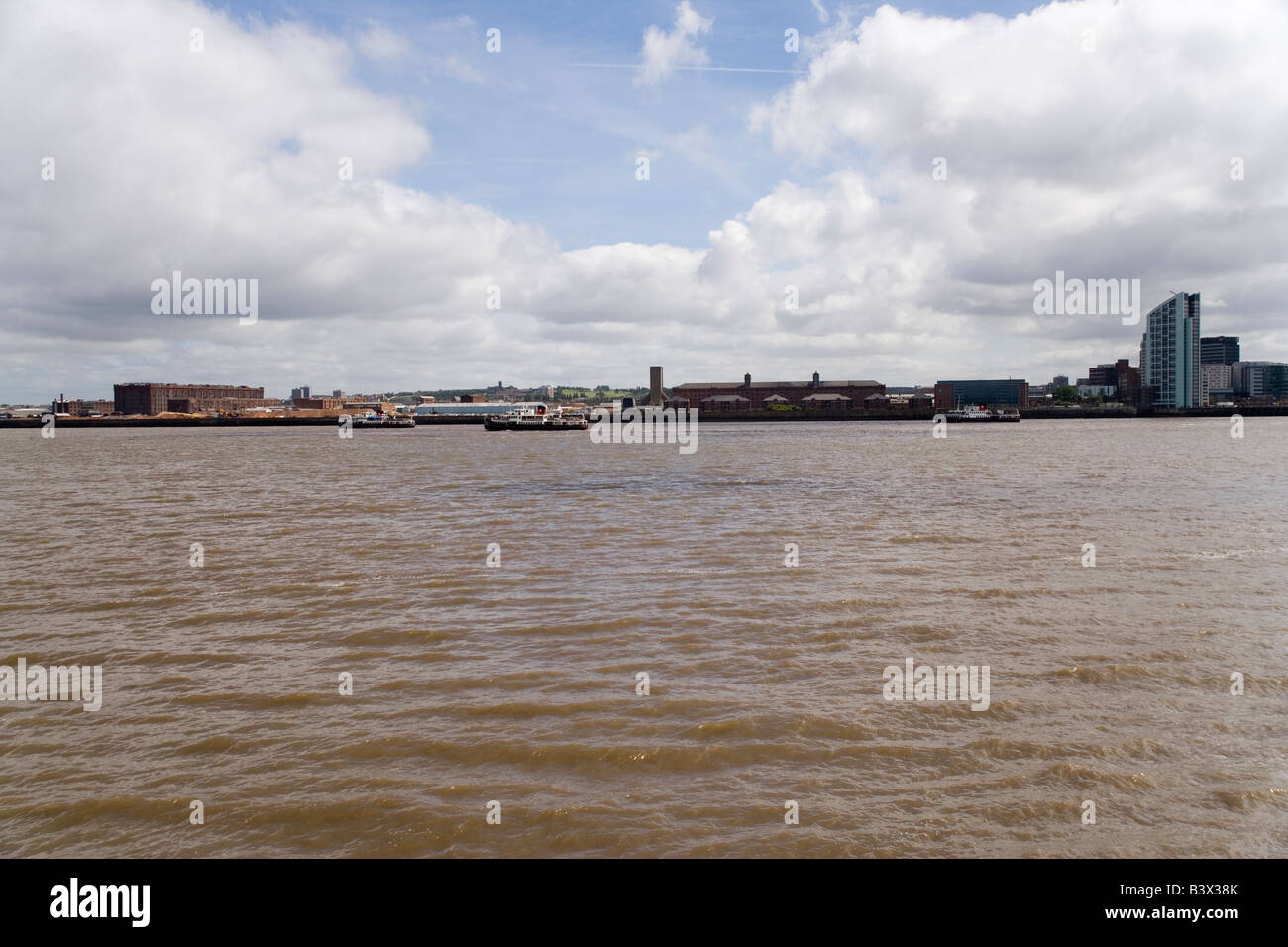 Three Mersey ferries on the river by the Liverpool docks on the day of ...