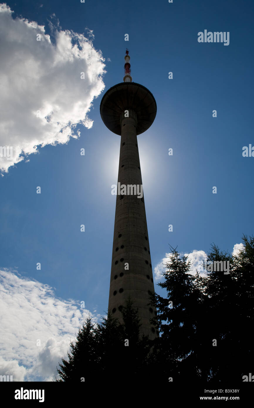Vilnius Television Tower view against the sun and approaching storm ...