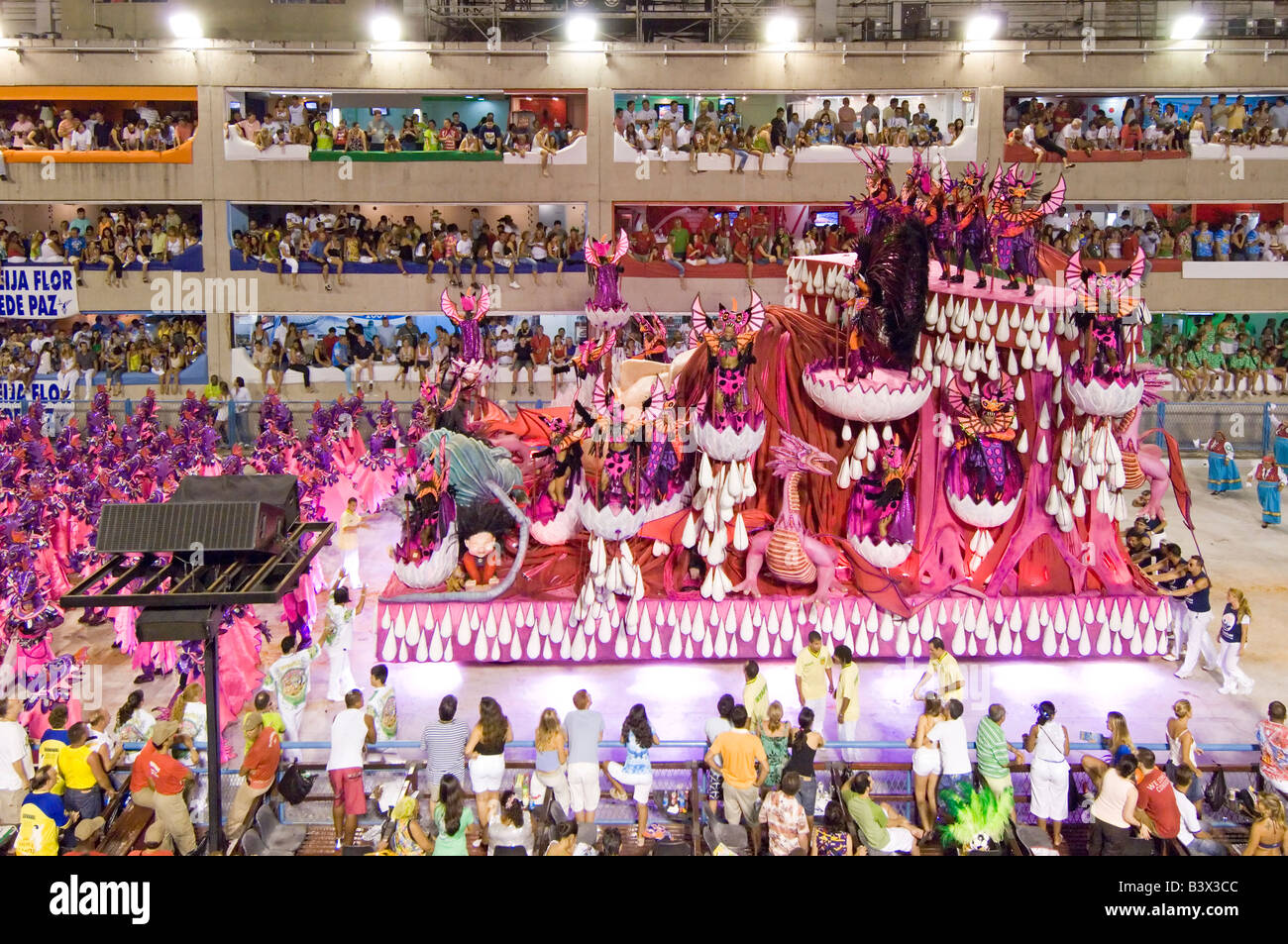 One of the floats and samba school on its way down the parade strip at ...
