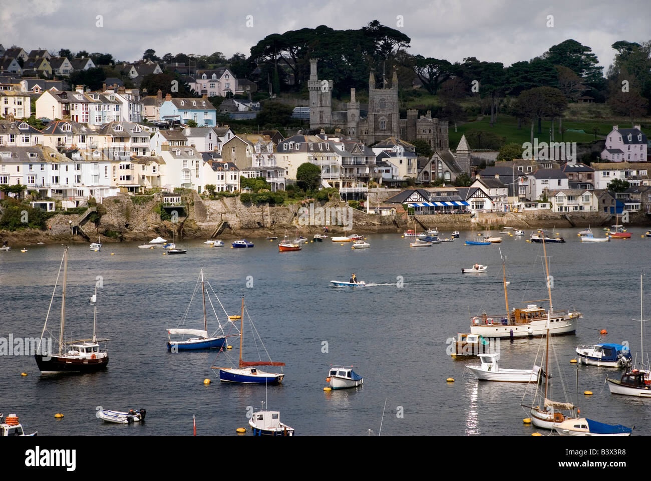 Fowey village and harbour including the church as seen from Polruan on ...