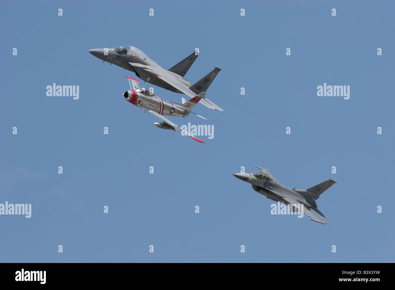 F 86 Sabre F 15C Eagle and F 16 Falcon fly in formation as Heritage ...