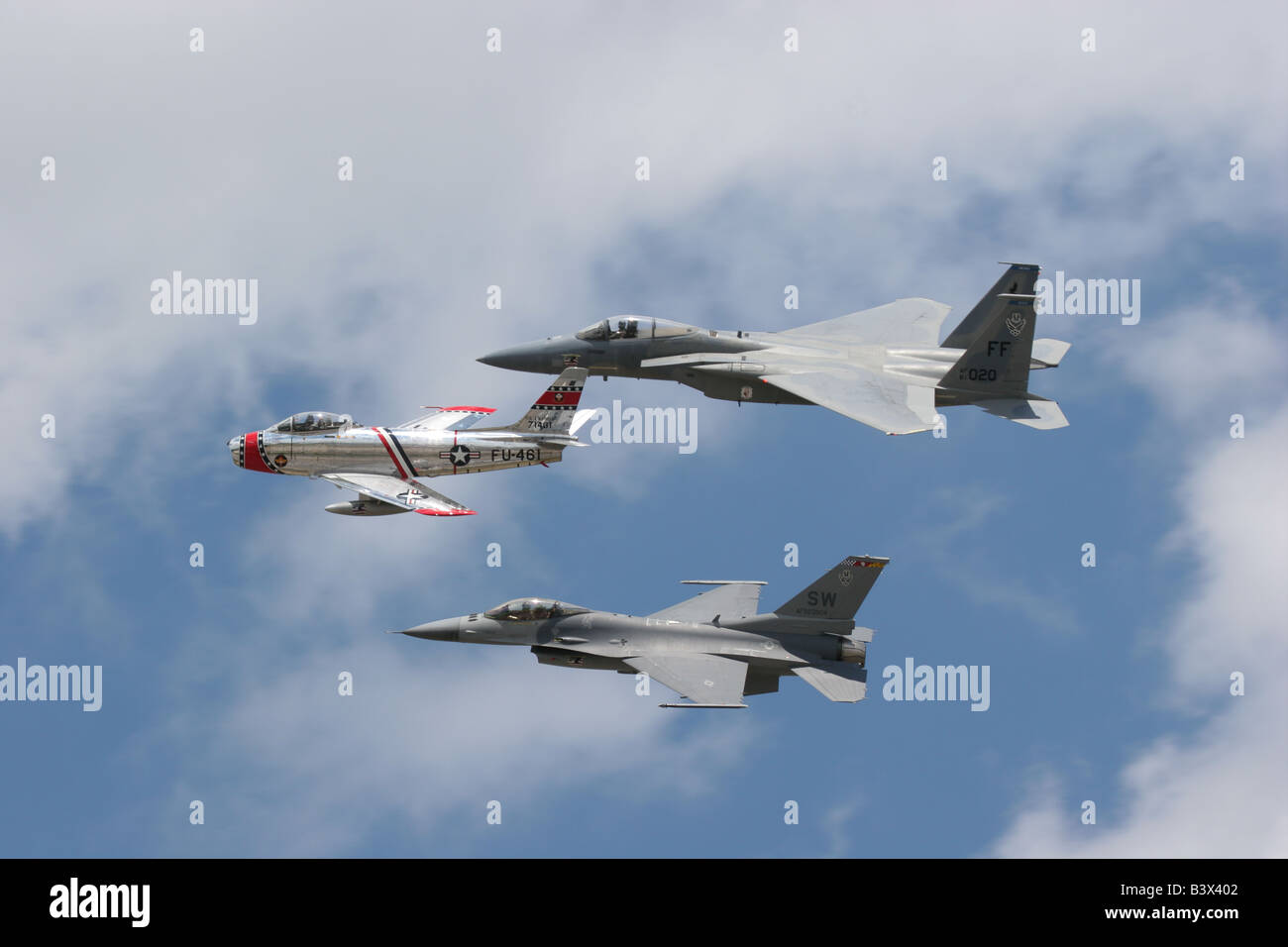 F 86 Sabre F 15C Eagle and F 16 Falcon fly in formation as Heritage ...