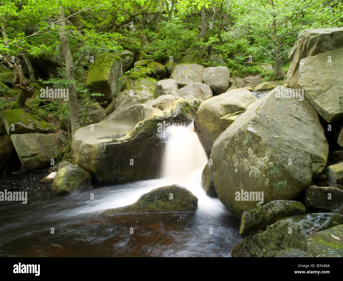 Burbage Brook making its way through the rocks and ancient forest at ...