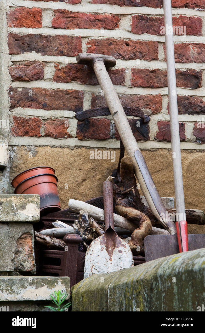 Ready for gardening, pots and tools kept by the doorstep Stock Photo ...