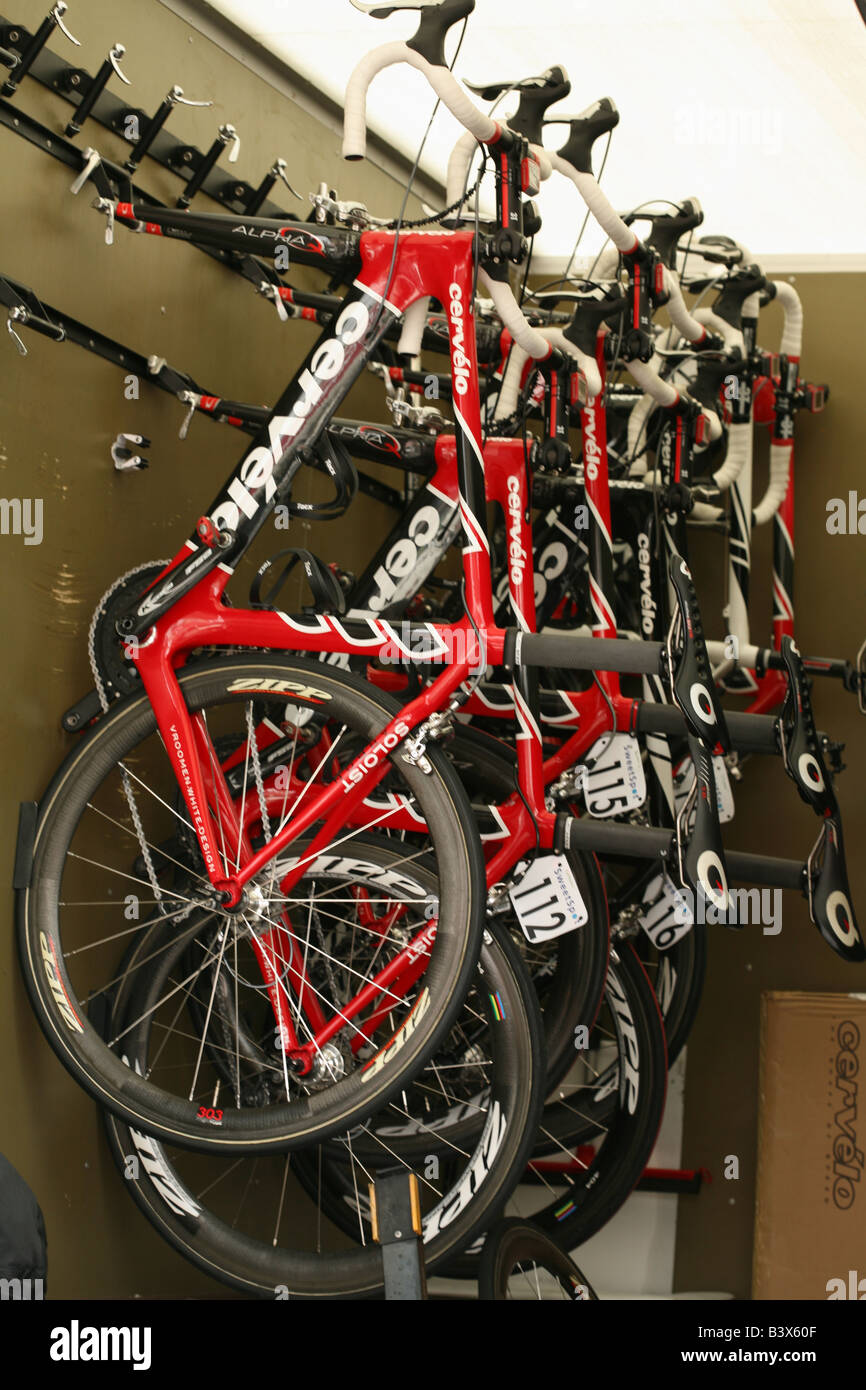 Bicycles hanging in the back of support vehicle Stock Photo - Alamy