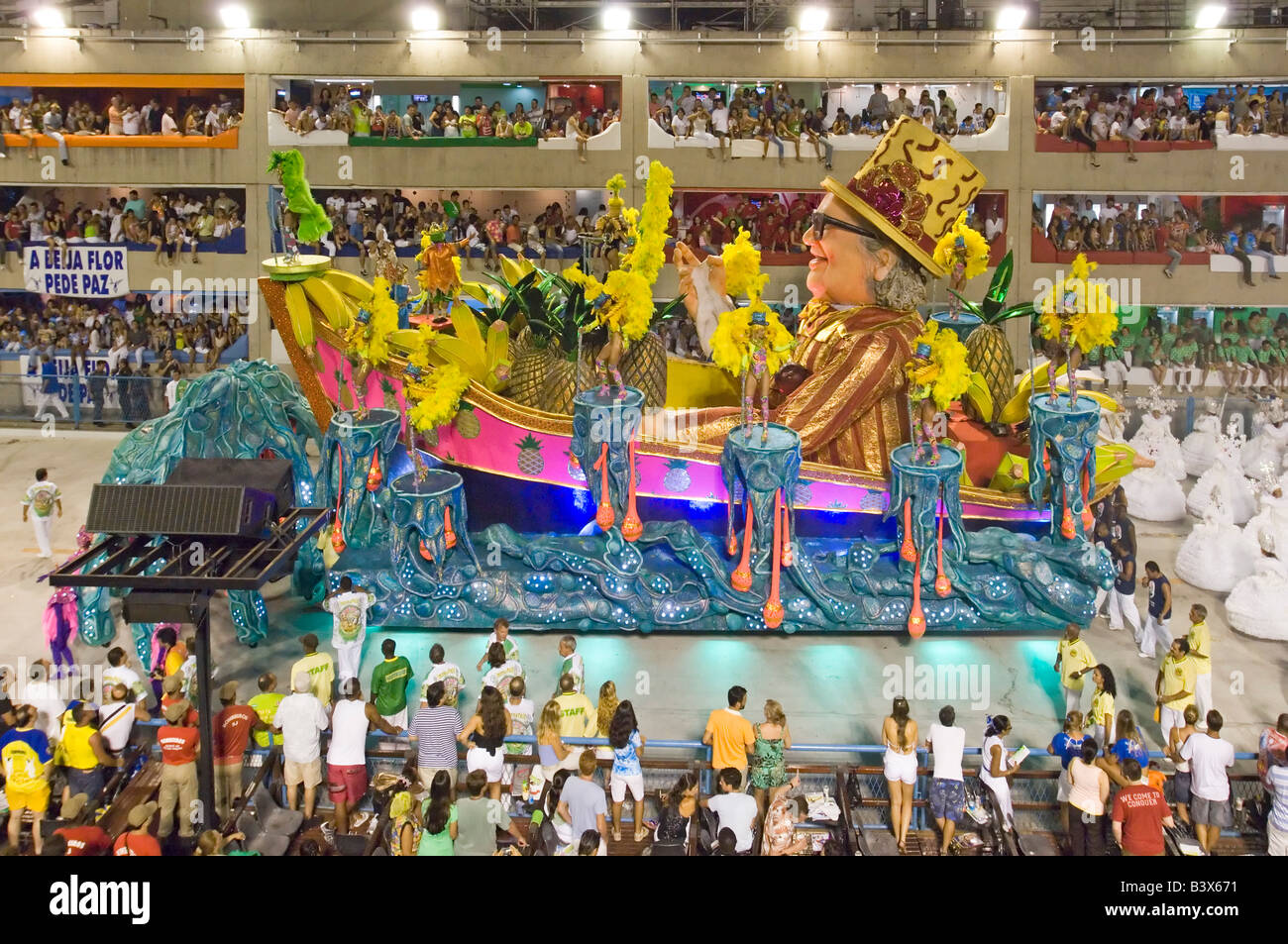 One of the floats and samba school on its way down the parade strip at ...