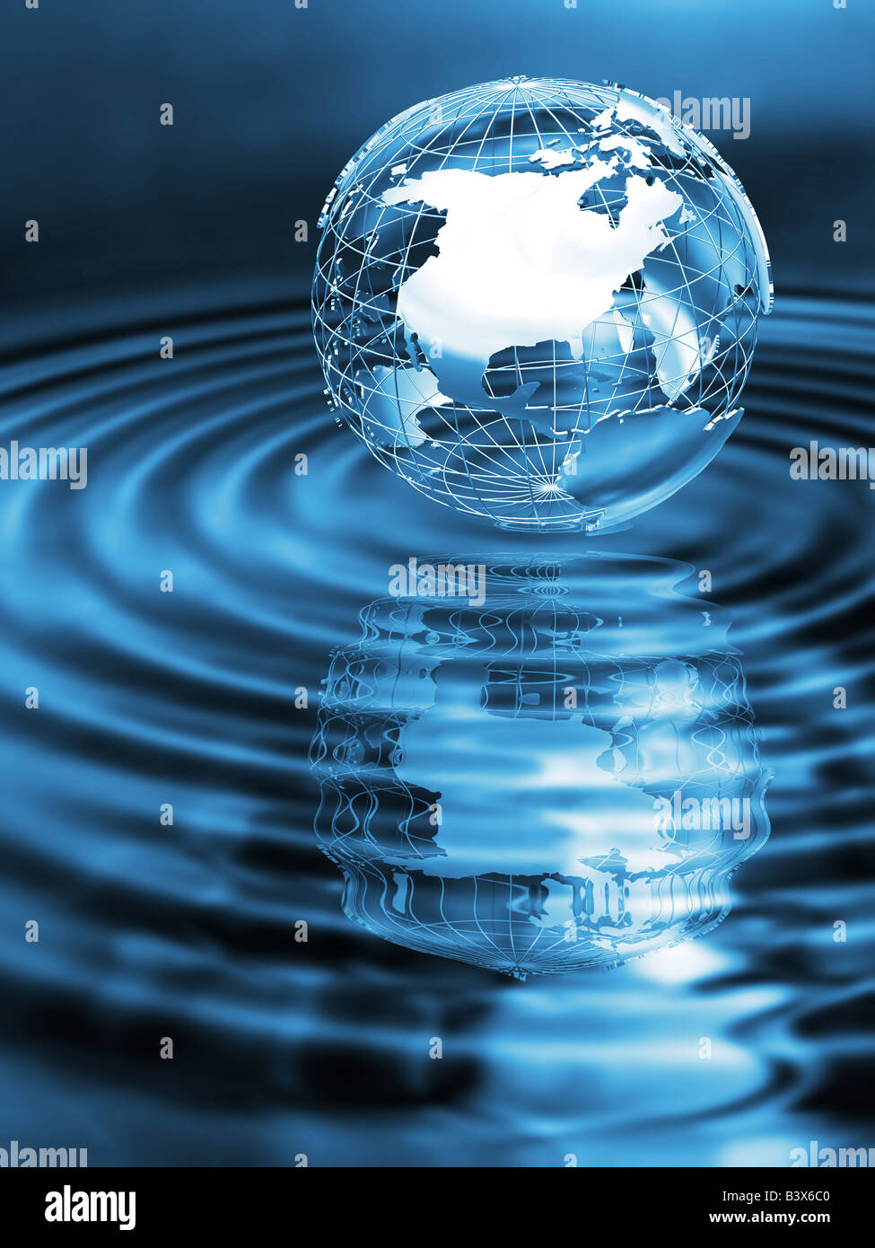 Wireframe globe on rippled water with reflection Stock Photo - Alamy