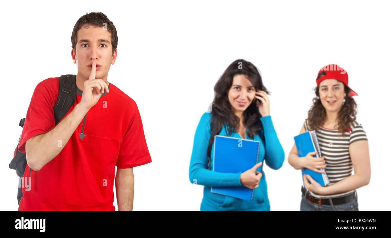 Three students with books and backpacks over a white background Focus ...