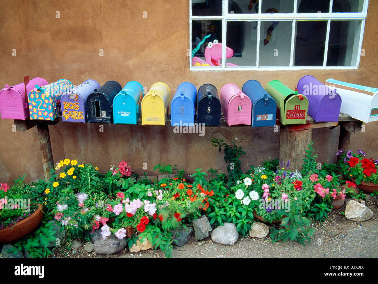Colorful mailboxes outside a home, Canyon Road, famous for art studios ...
