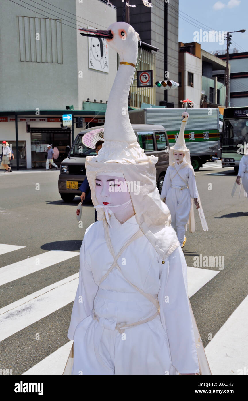 Japanese boys with traditional sagi mai, heron dance costume at gion ...