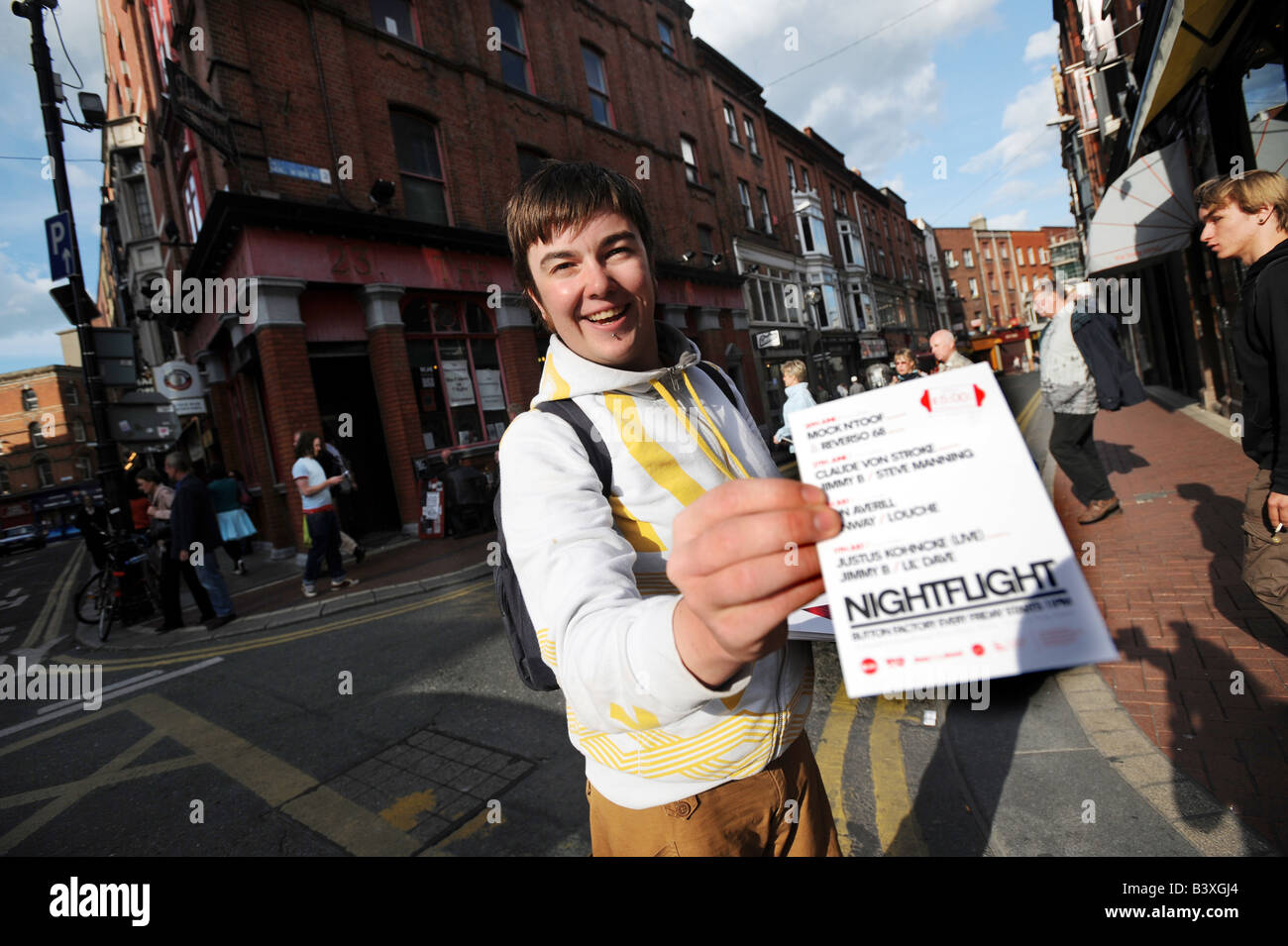 dj L' il Dave hands out flyers on the corner of Exchequer Street Dublin ...
