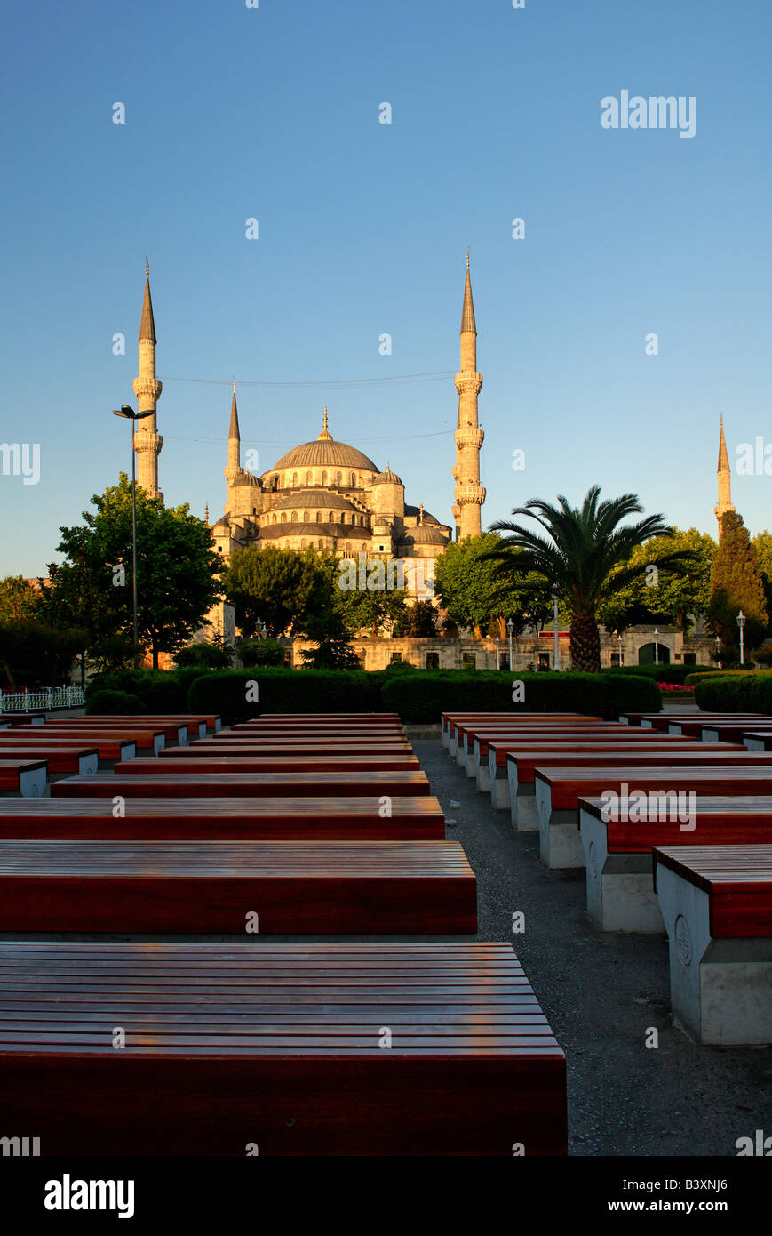 Blue Mosque at sunrise, perspective rows of benches in foreground ...
