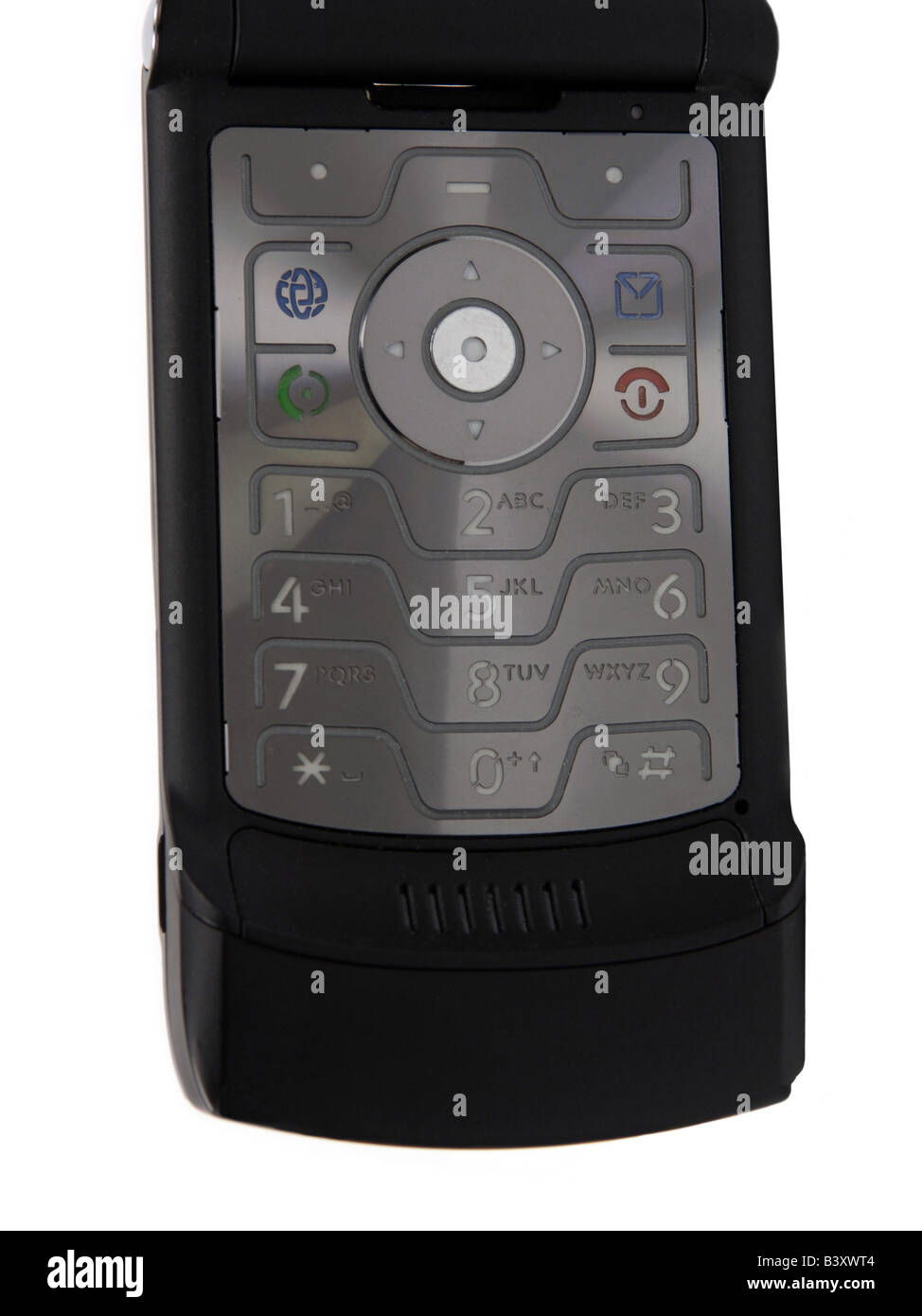 Black Clamshell style flip cell phone against a white background Stock ...