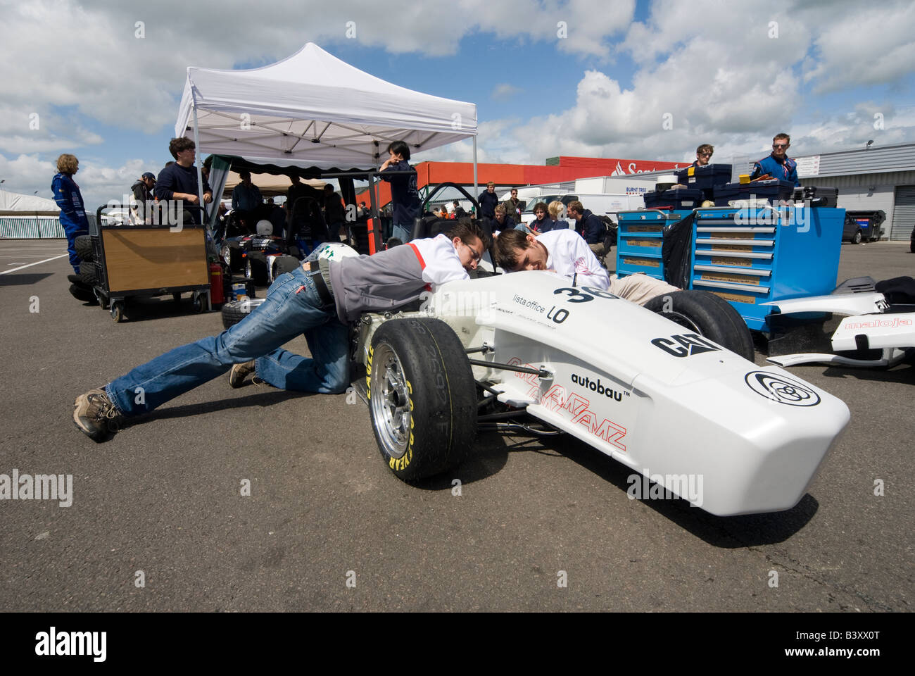 Formula Student racing car team preparing their car at Silverstone ...