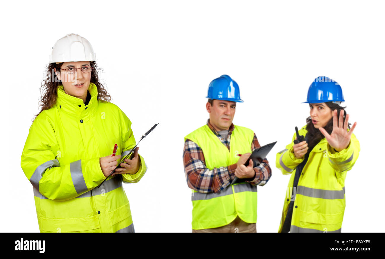 Three construction workers over a white background Focus at front Stock ...
