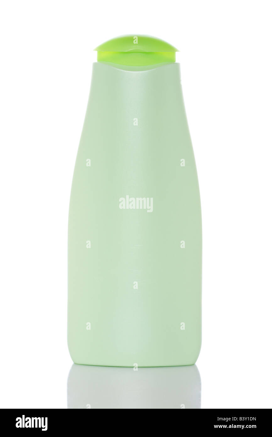Plastic bottle with soap or shampoo without label reflected on white ...
