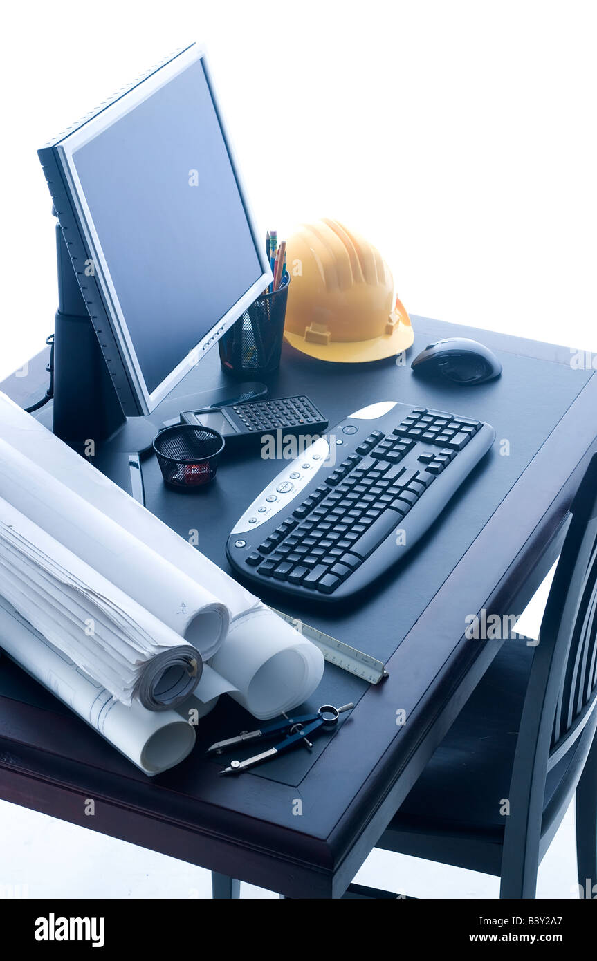 A professional desktop of an Engineer with drawings computer Stock ...