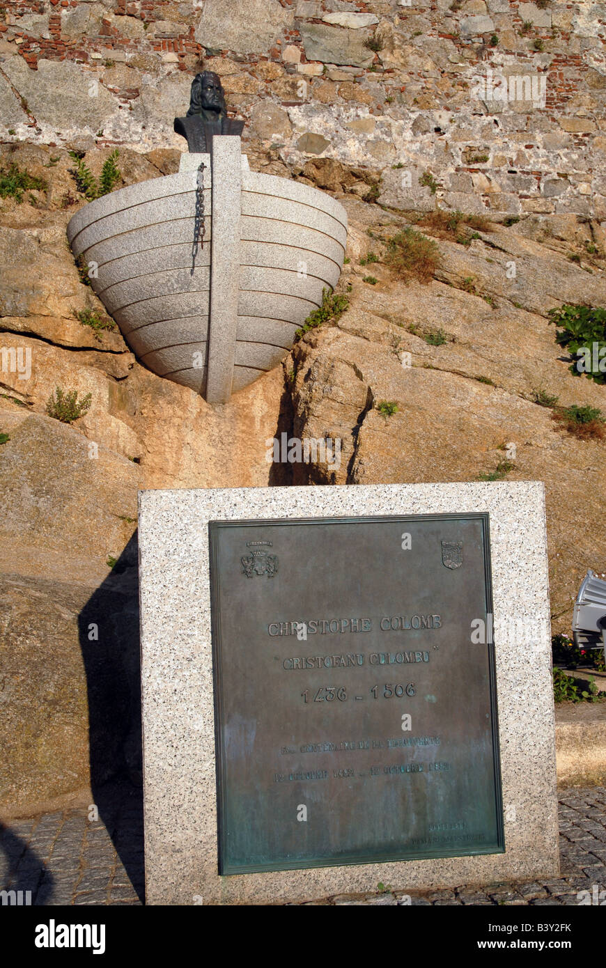 View of the Christopher Columbus monument at the Citadel in Calvi ...
