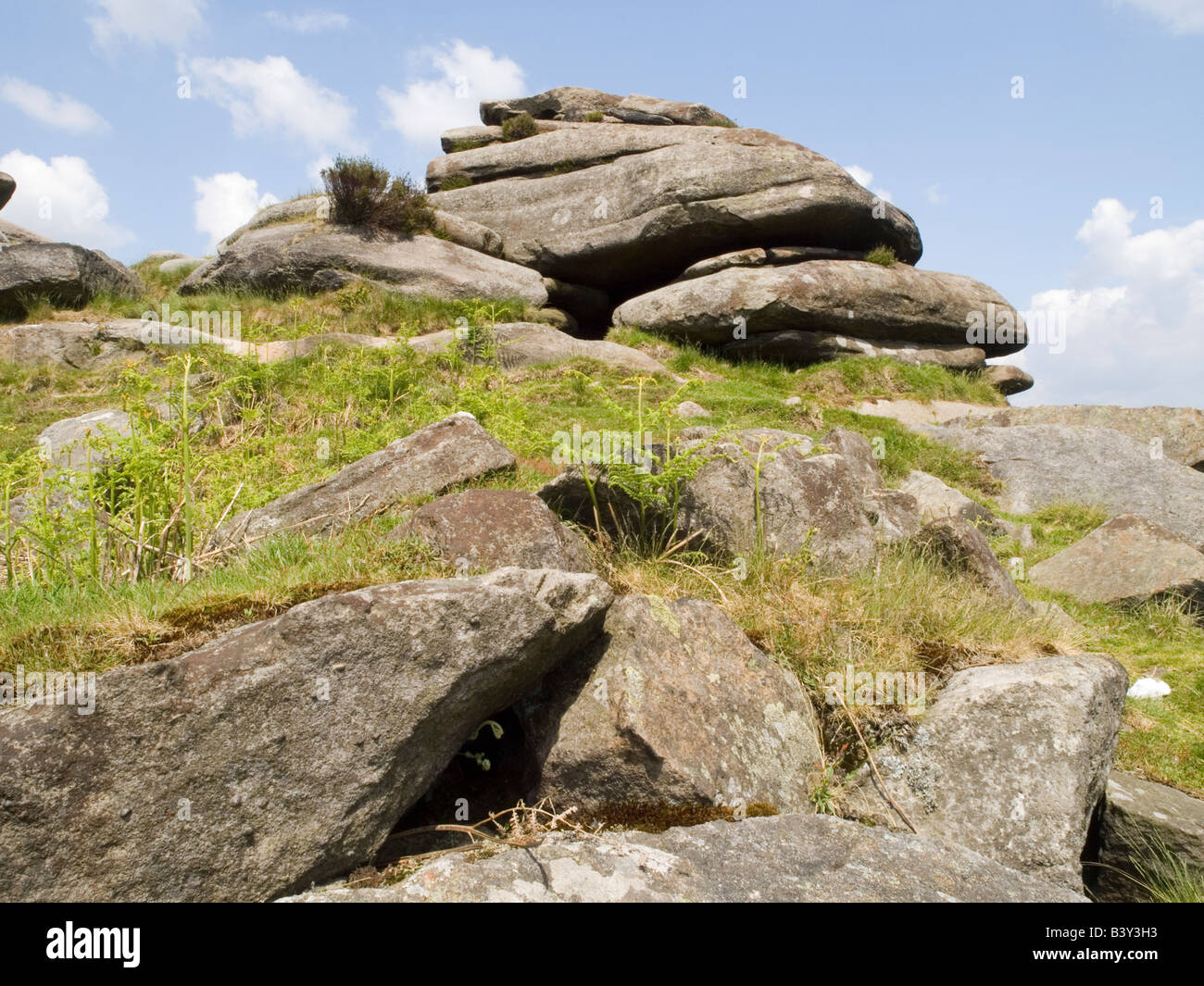 A stack of boulders above Padley Gorge, Peak District National Park ...