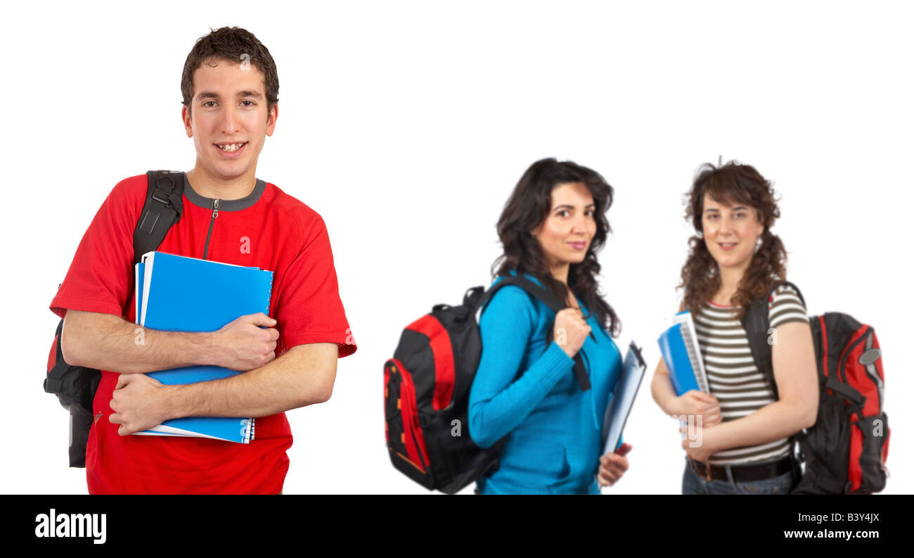 Three students with books and backpacks over a white background Focus ...