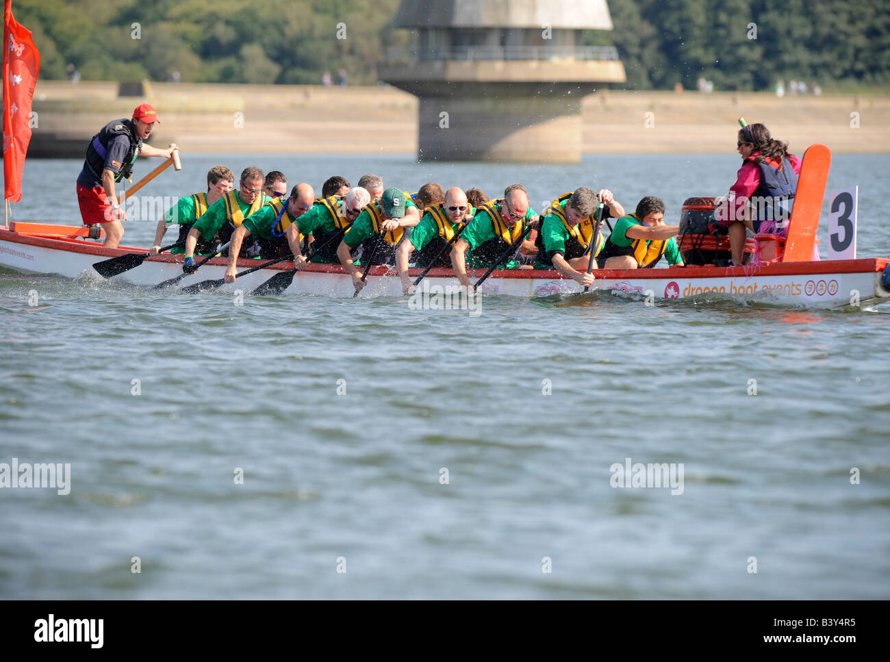 Dragon Boat racing on Bewl Water Reservoir in Kent - a team paddle as ...