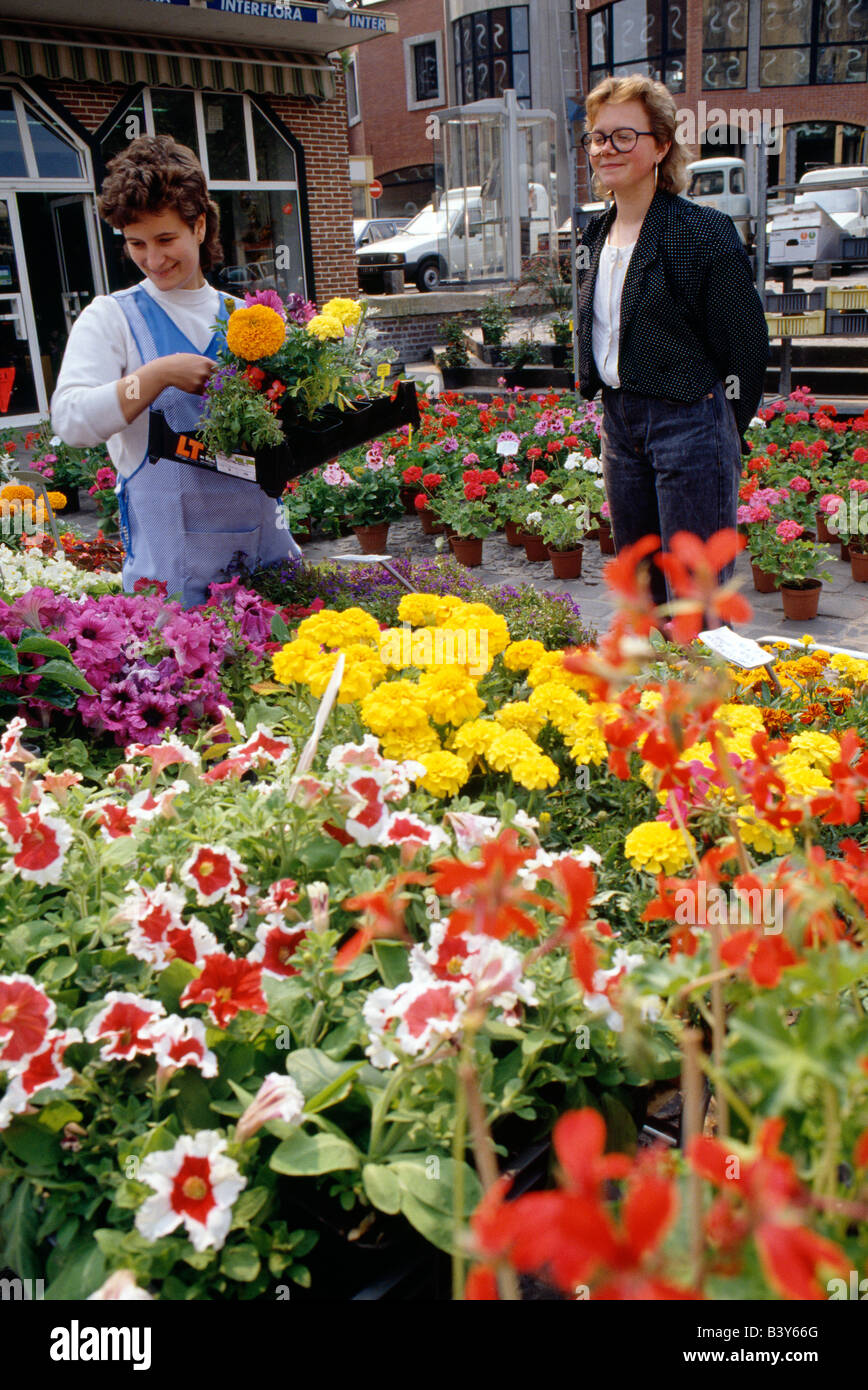 Shop keeper selling fresh flowers to a female customer, Eu, Normandy ...