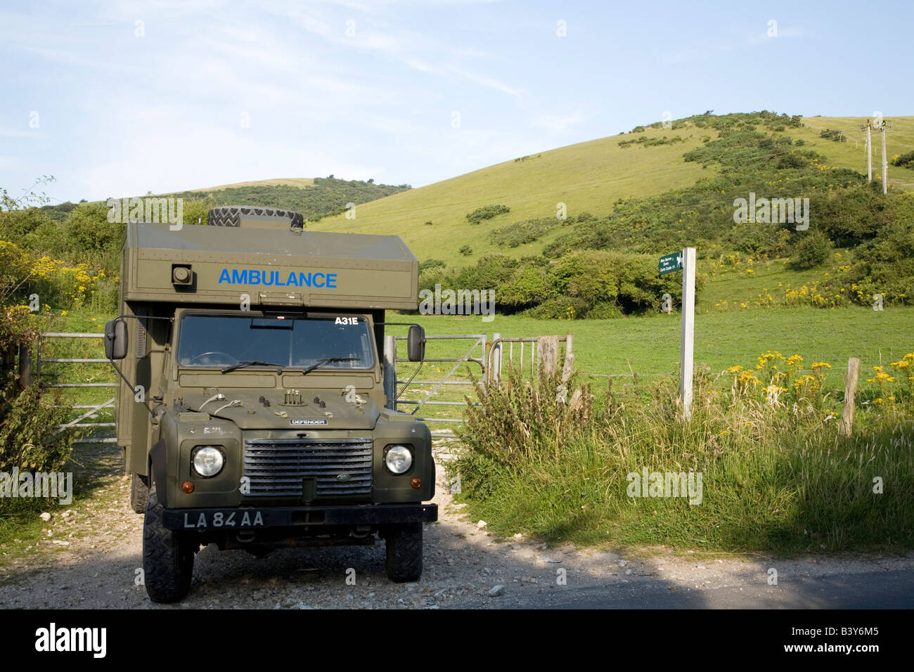 Army ambulance parked beside road in the countryside Dorset England ...