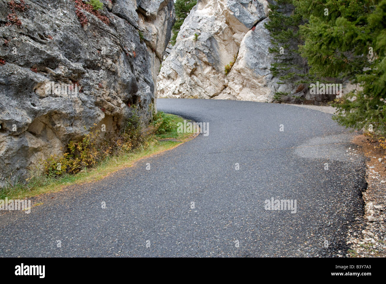 Small paved road in rock outcropping Yellowstone National Park WY Stock ...