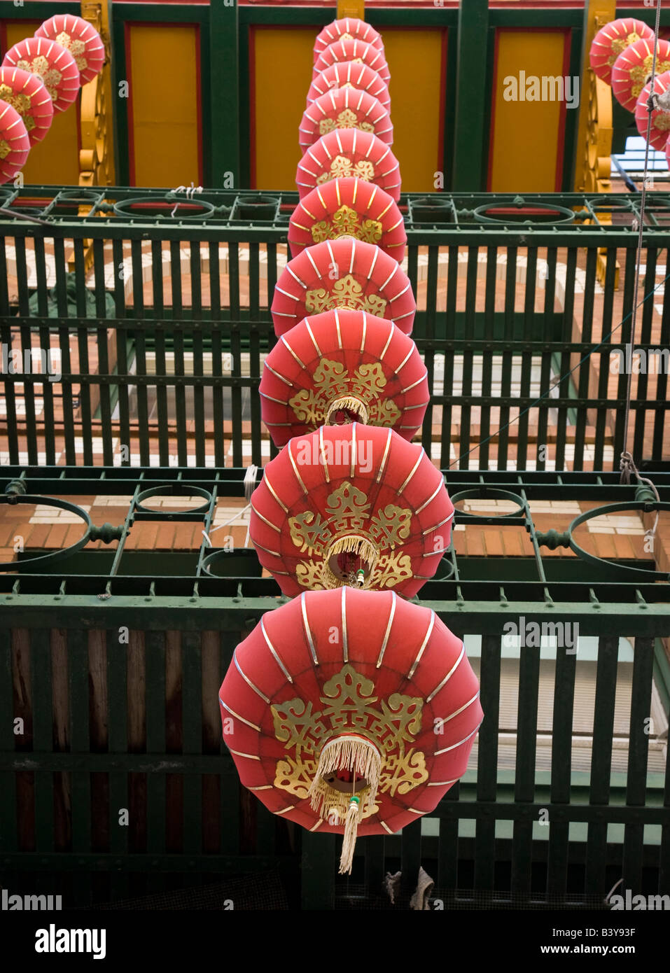 USA, California, San Francisco. Strings of red Chinese lanterns hanging ...
