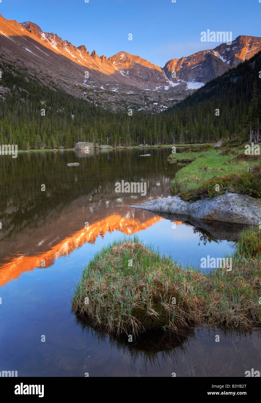 USA, Colorado, Rocky Mountain NP. Longs Peak reflection in Mills Lake ...