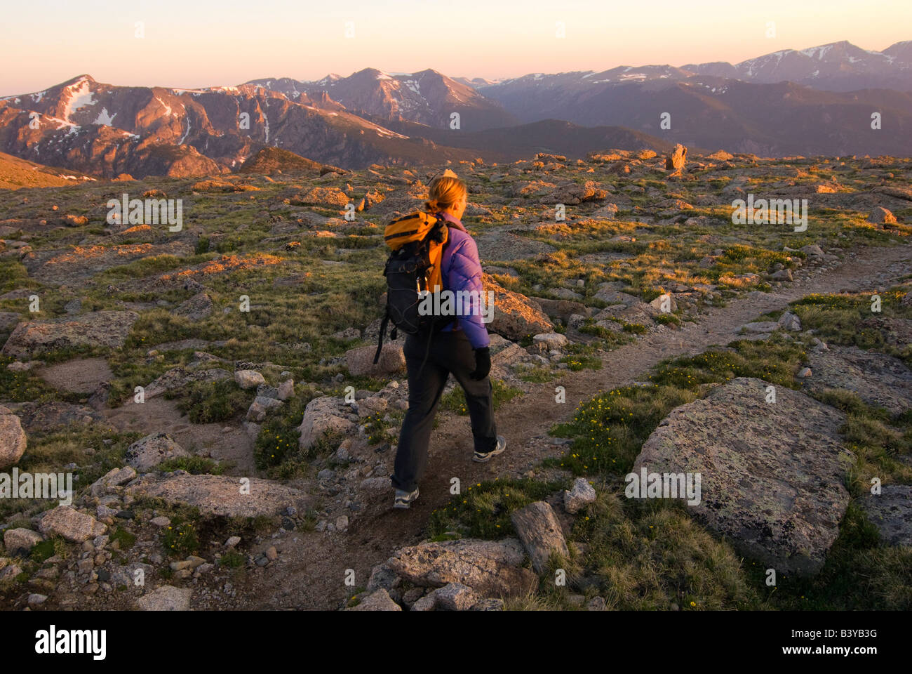 USA, Colorado, Rocky Mountain NP. A female hiker on the path to Longs ...