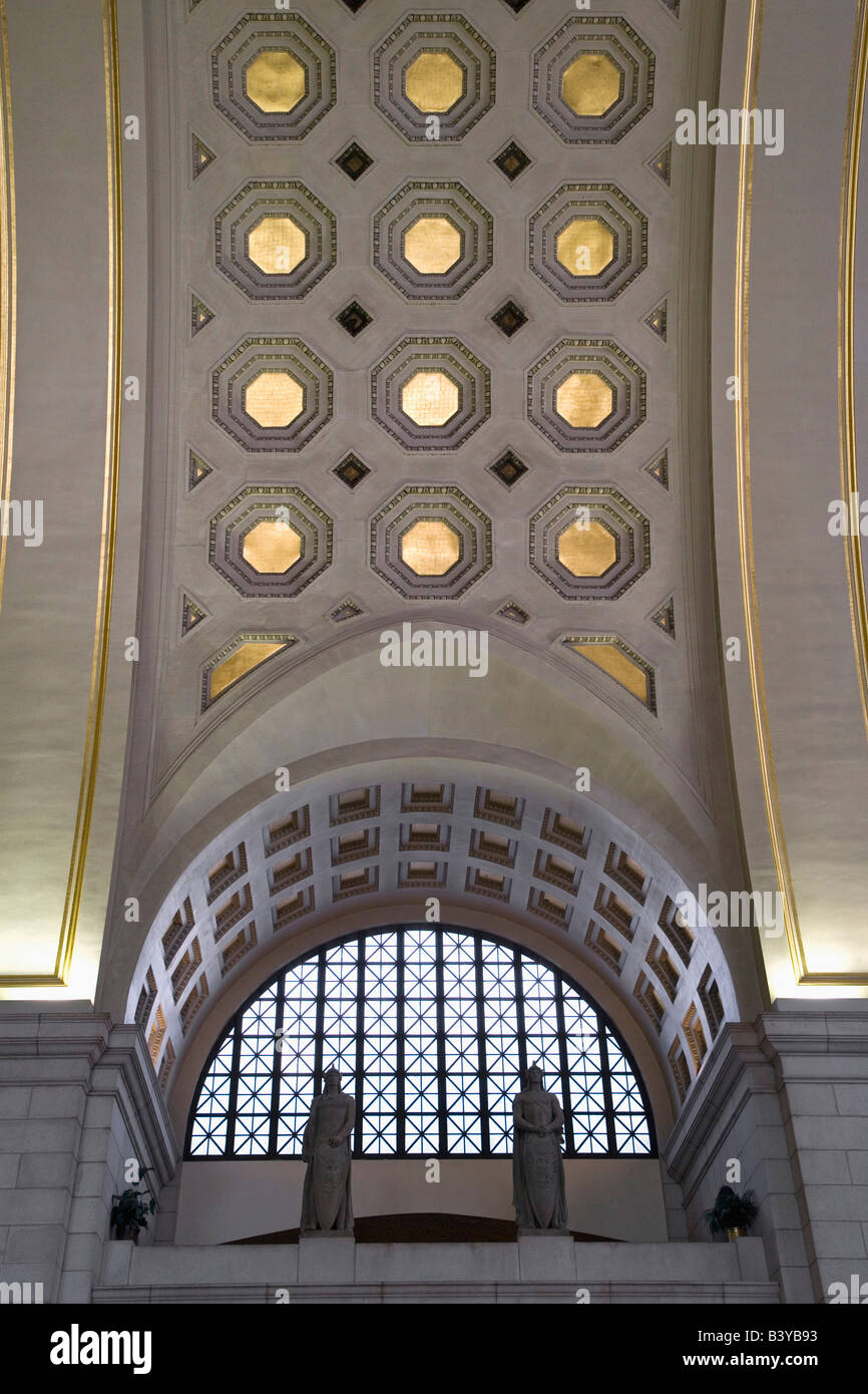 USA, Washington, D.C. View of ceiling decorations inside Union Station ...