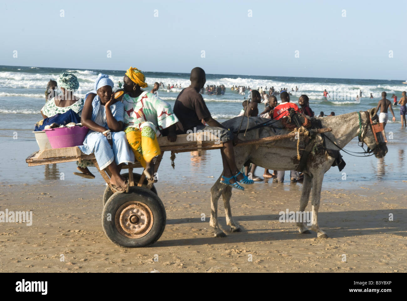 Horse cart with African women passengers on a beach in Dakar, Senegal ...