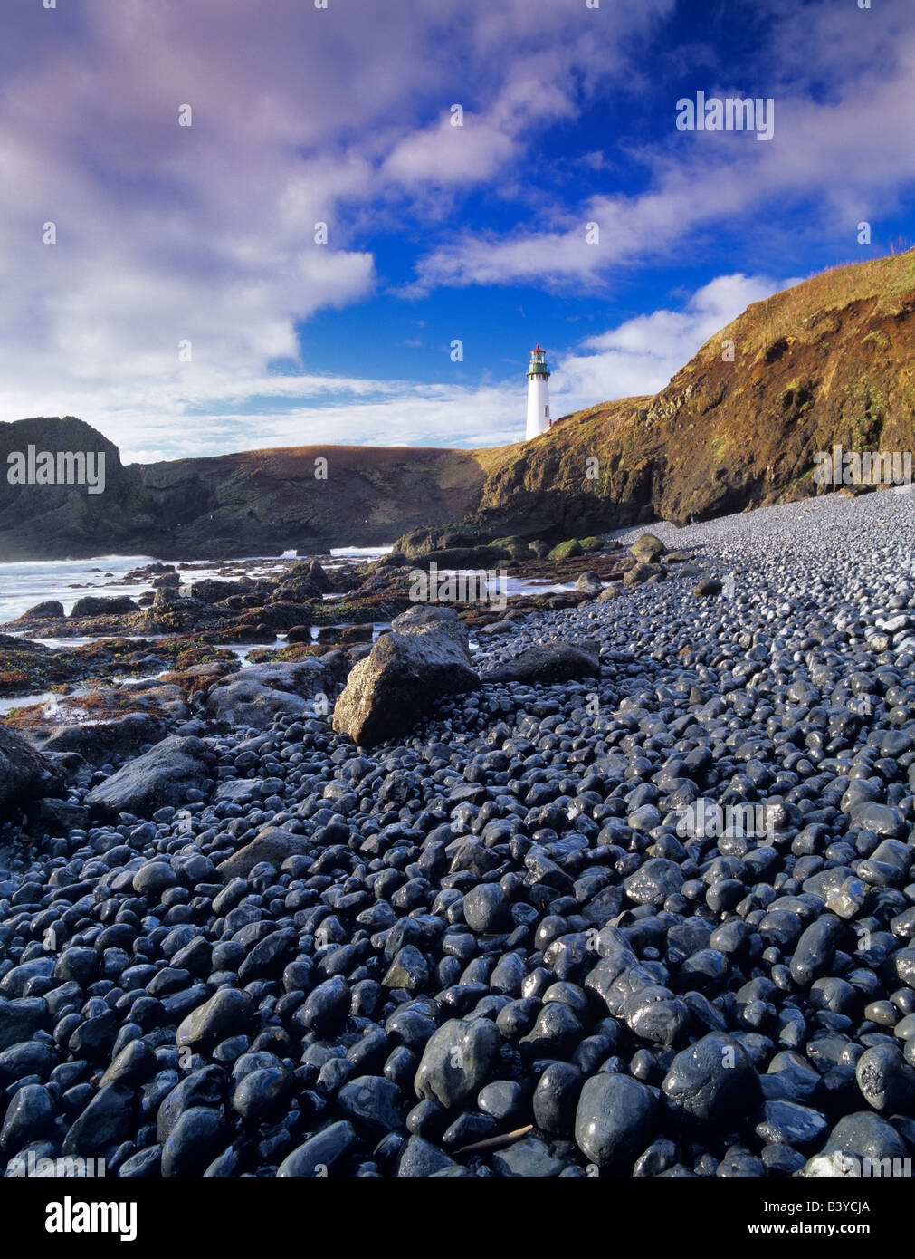 Yaquina Lighthouse with black beach rocks Oregon Stock Photo - Alamy