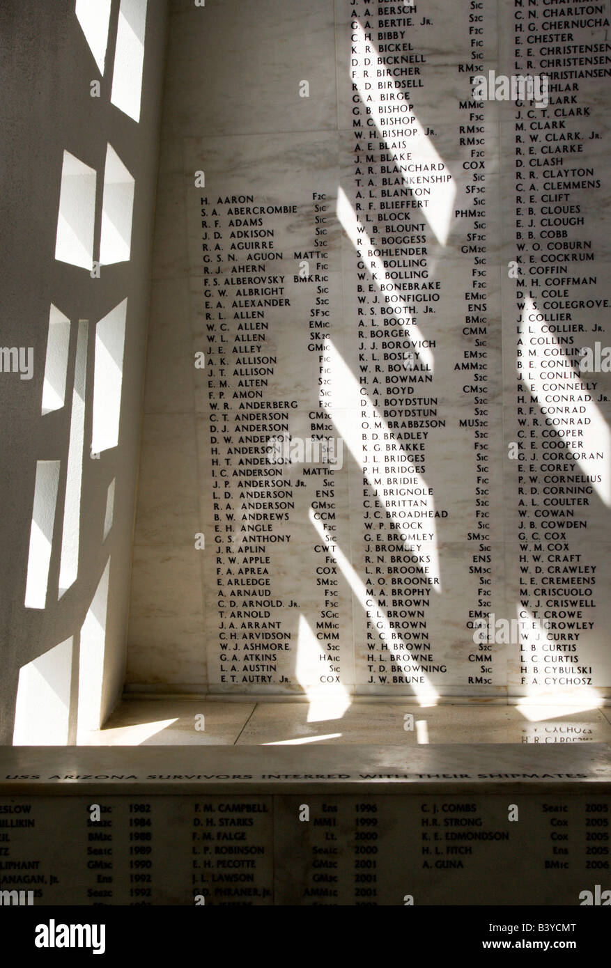 USA, Hawaii, Oahu. Close-up of crew names who died aboard attack on USS ...