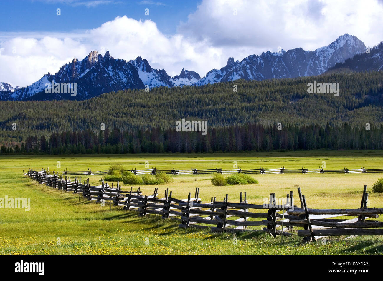 USA, Idaho, Sawtooth National Recreation Area. Old-style wooden fence ...