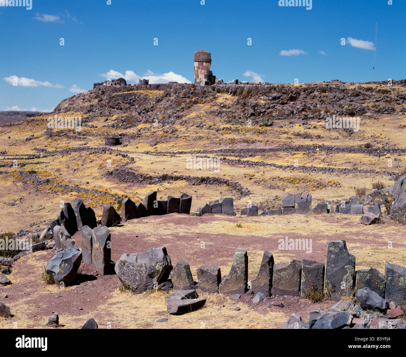 Peru, Puno, Sillustani. Stone circle & chullpas mark ceremonial Inca ...