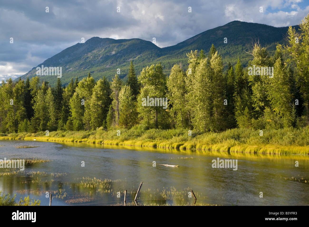Mount Marston and the Whitefish Range loom over the Stillwater River ...
